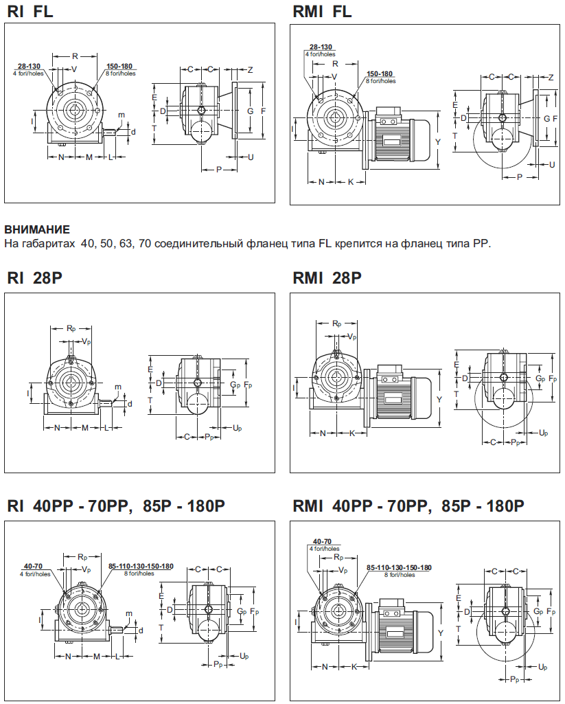 Одноступенчатые червячные мотор-редукторы STM (СТМ) серии RMI 28, RMI40, RMI 50, RMI 63, RMI 70 ...